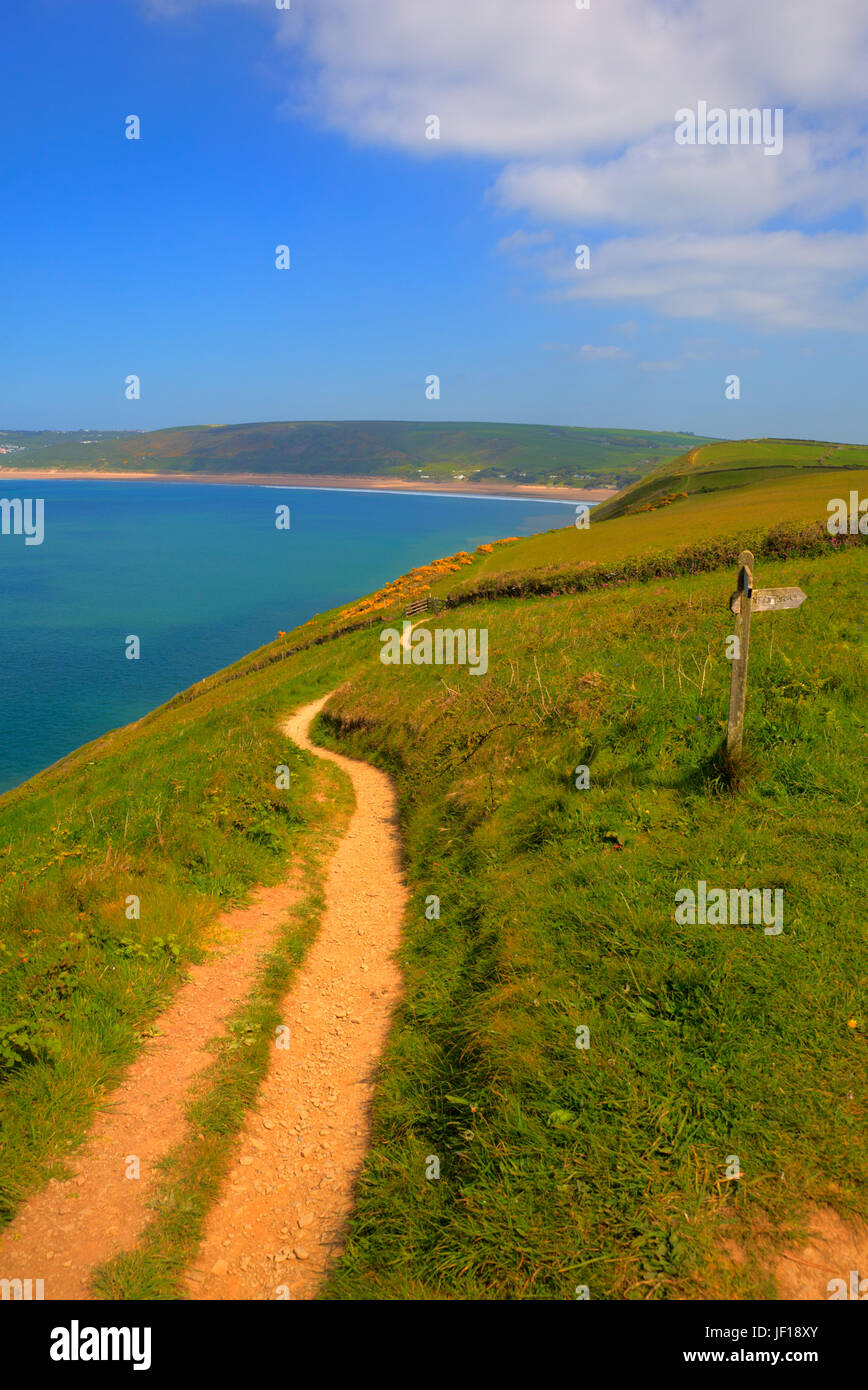 South west coast path to Woolacombe Devon UK in summer with blue sky ...