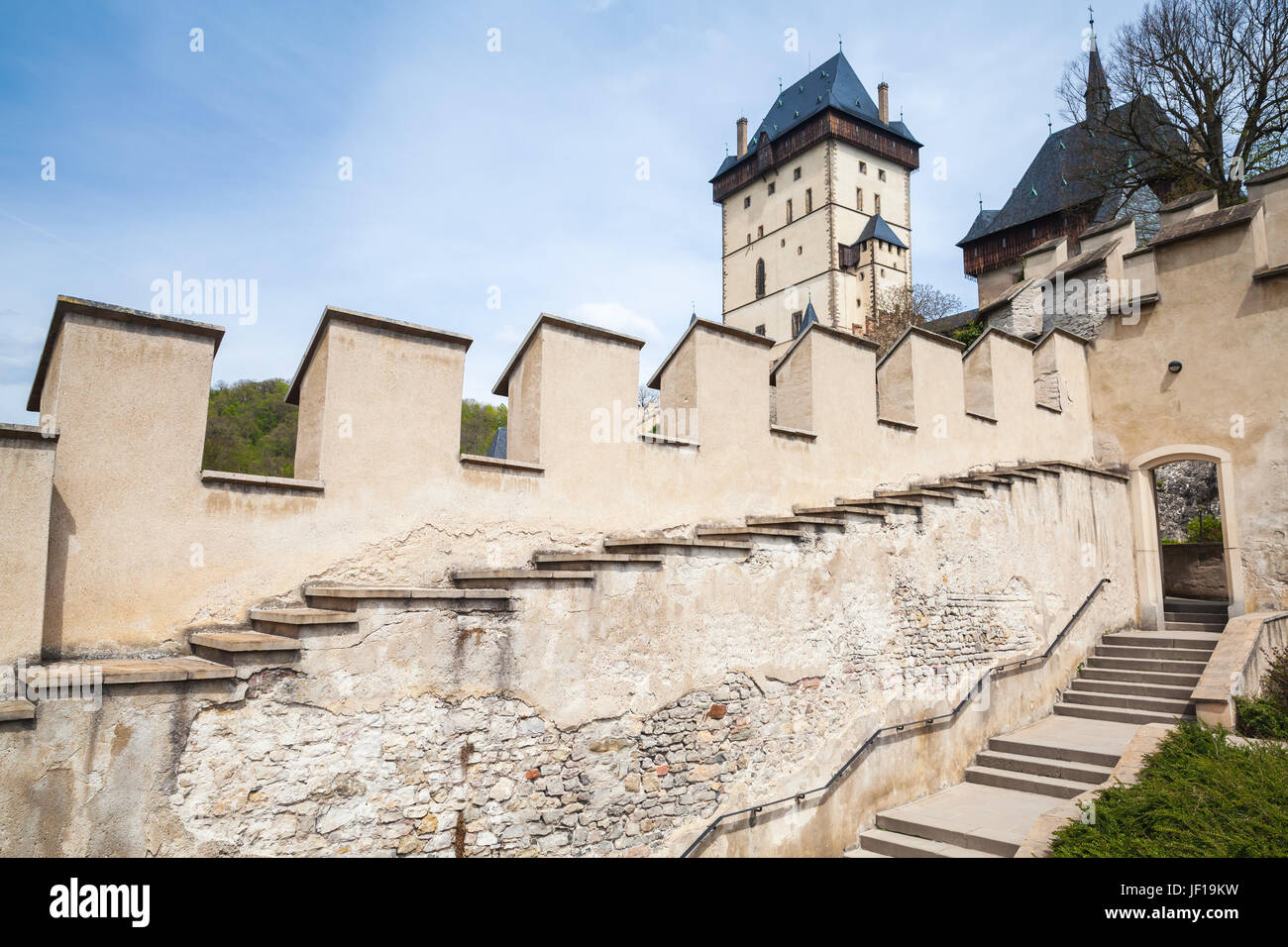 Karlstejn castle facade. large Gothic castle founded 1348 CE by Charles ...