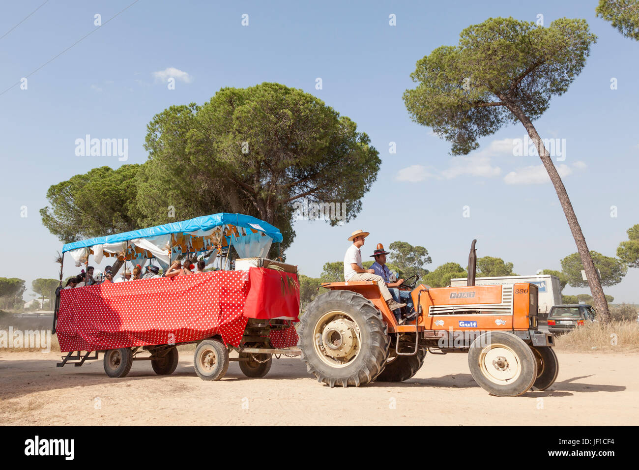 El Rocio, Spain - June 1, 2017: Pilgrims in a tractor drawn trailer on ...