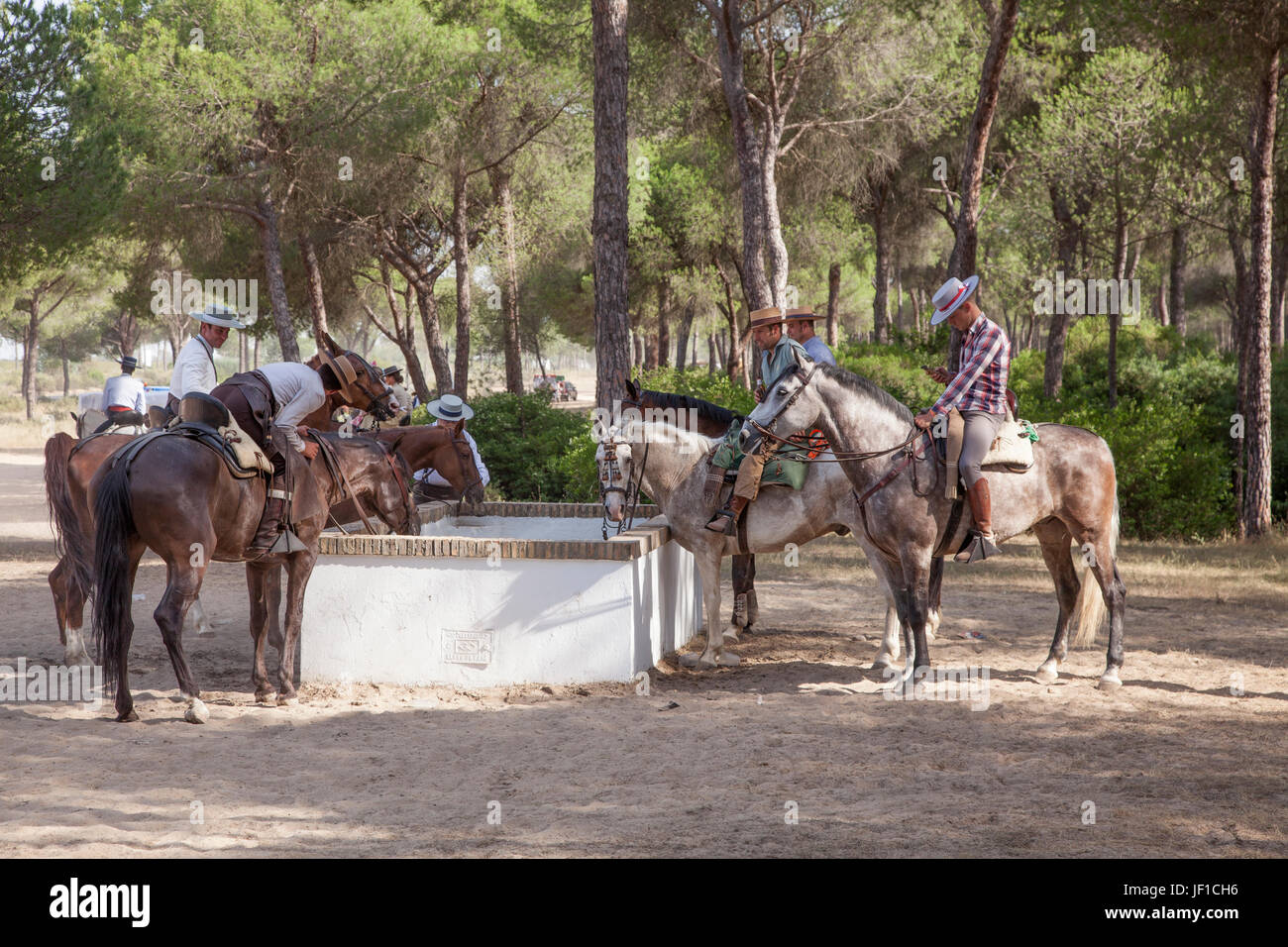 El Rocio, Spain - June 1, 2017: Pilgrims on horseback in traditional ...