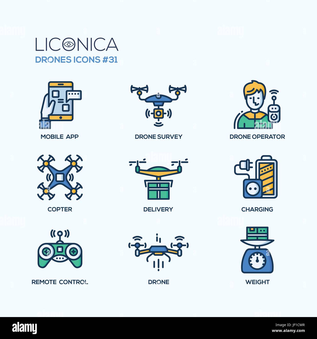 Drones - modern vector flat line design icons set. Mobile app, drone survey, operator, copter ...