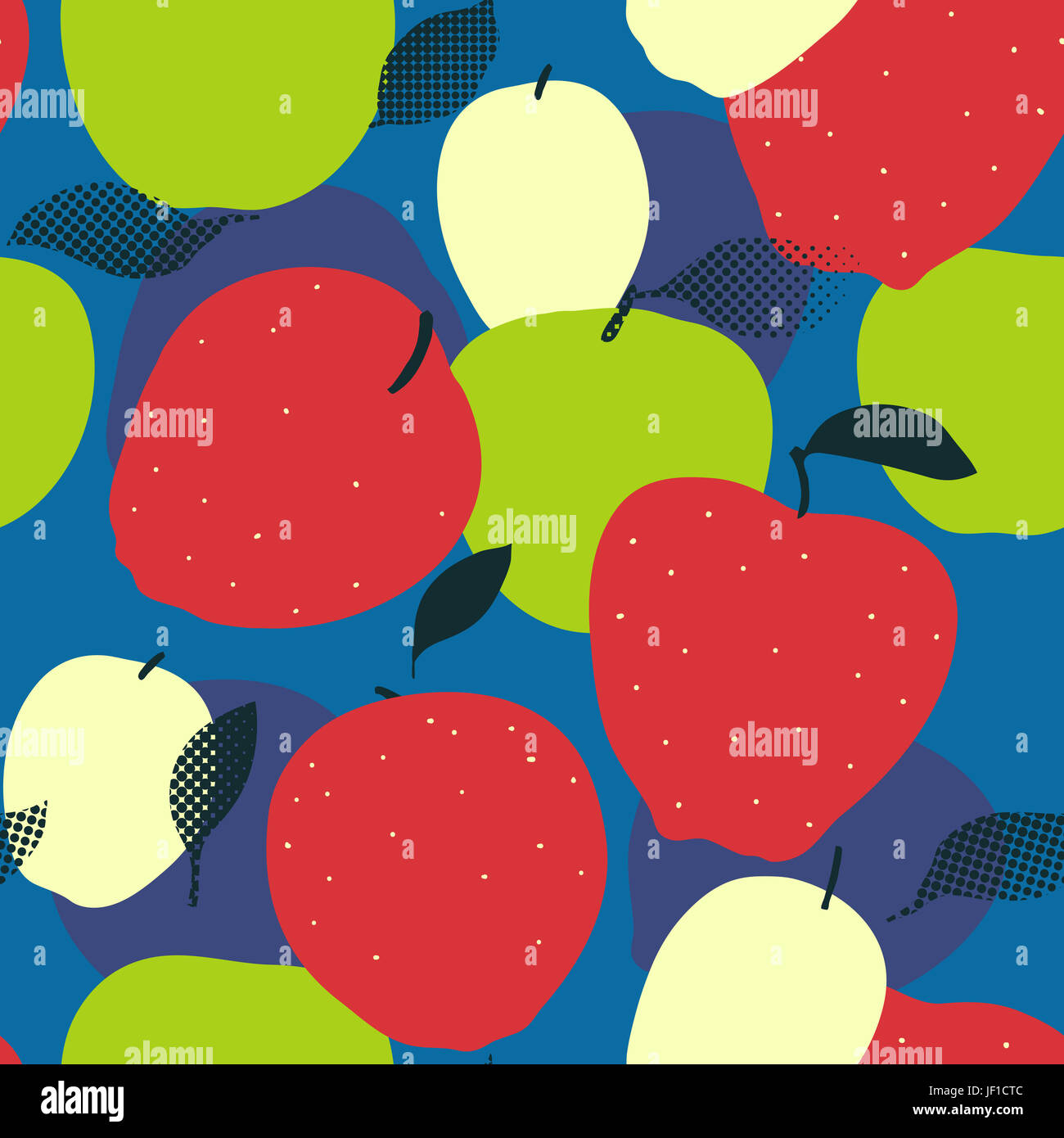 Apple fruits seamless pattern. Red, green and golden apples with leaves ...