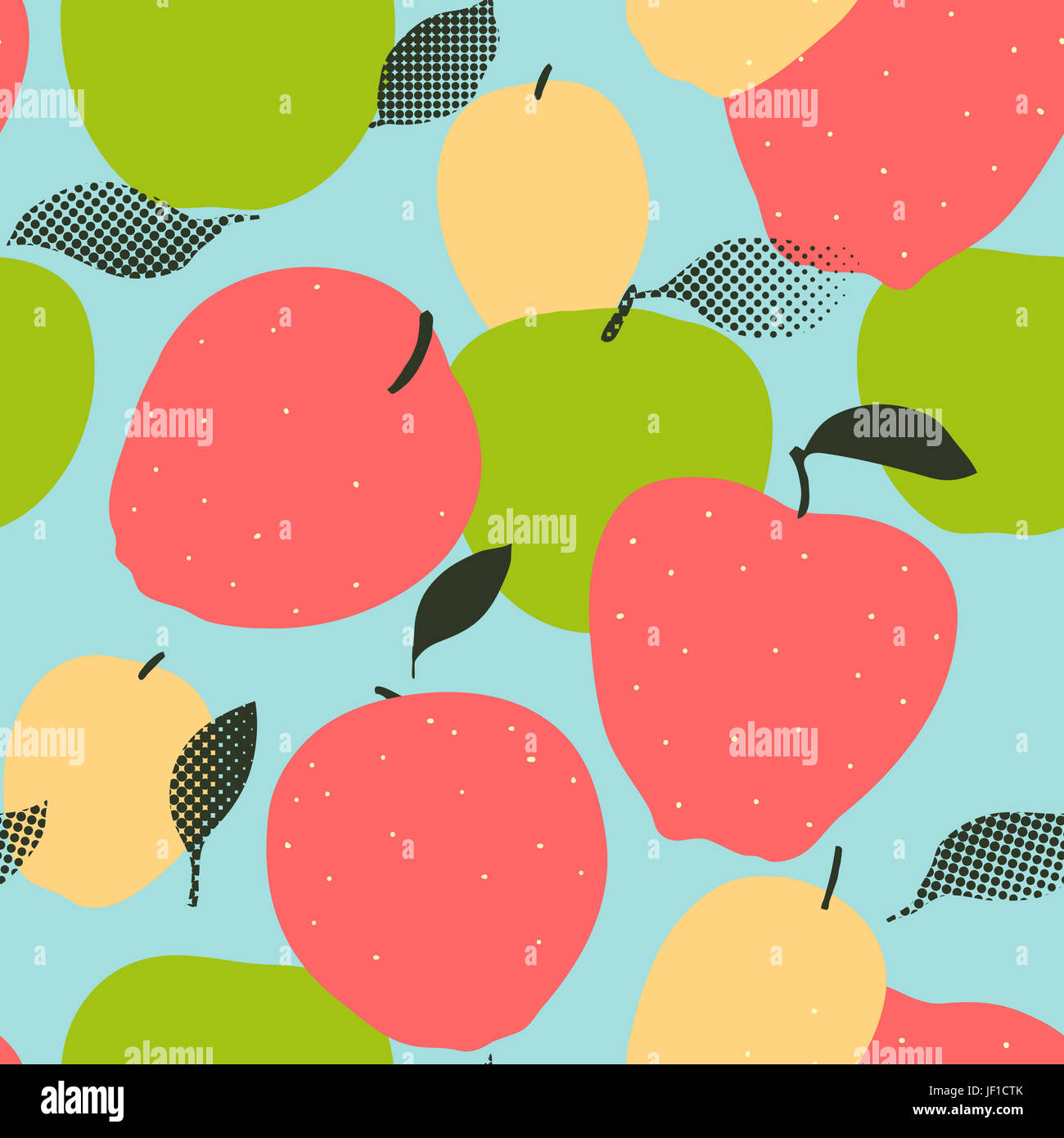Apple fruits seamless pattern. Red, green and golden apples with leaves ...