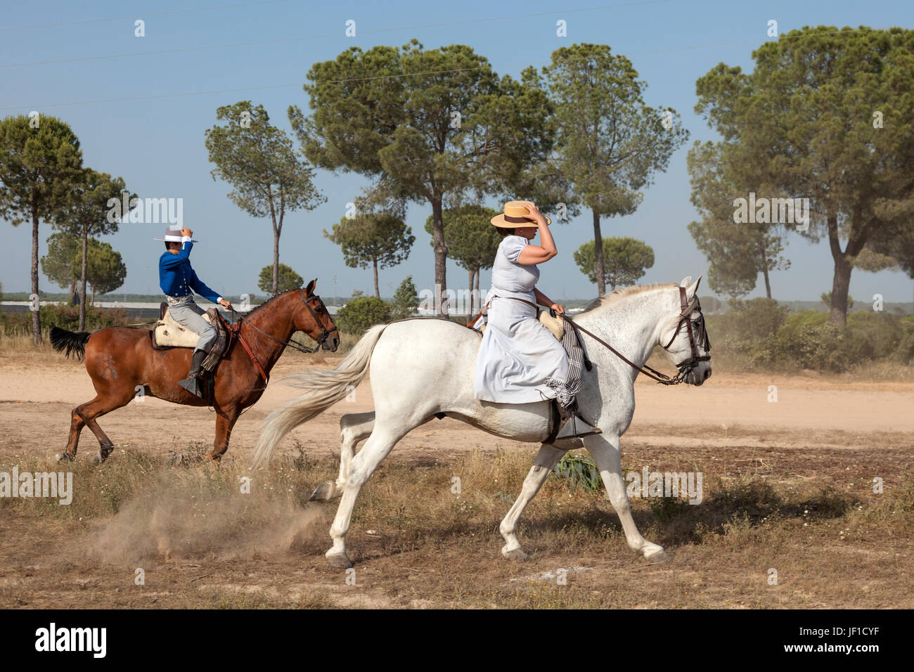 El Rocio, Spain - June 1, 2017: Pilgrims on horseback in traditional ...