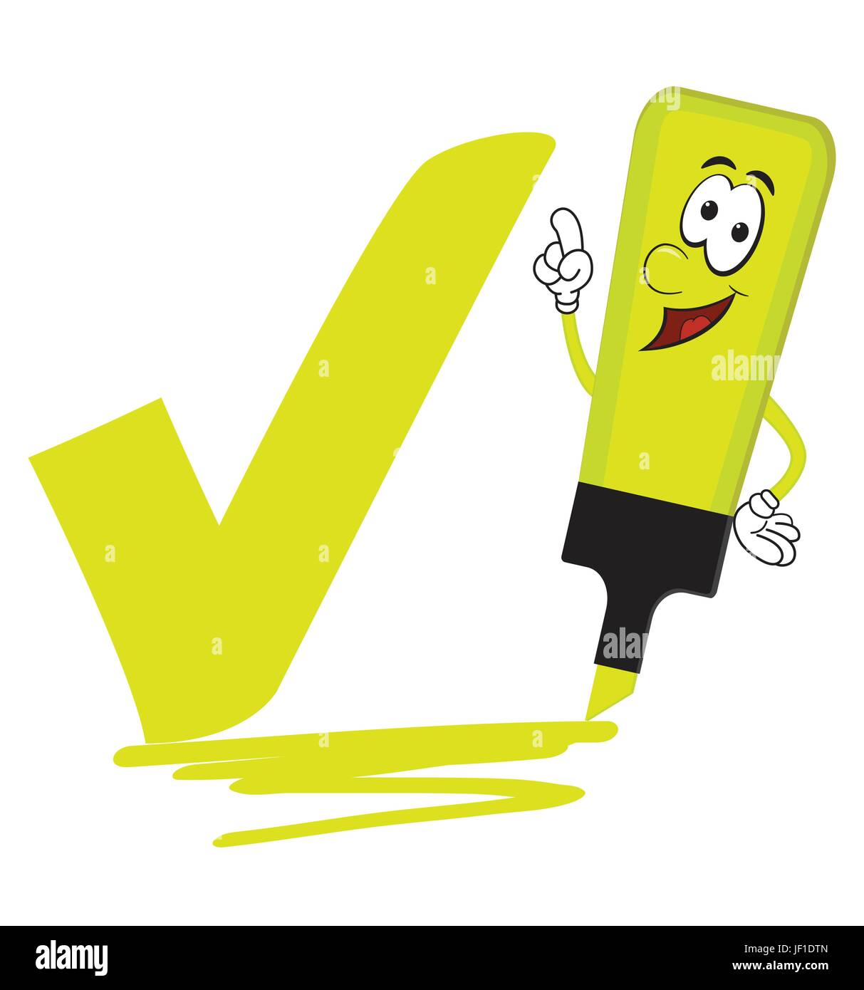 Single yellow cartoon highlighter pen with bold tick or check mark ...