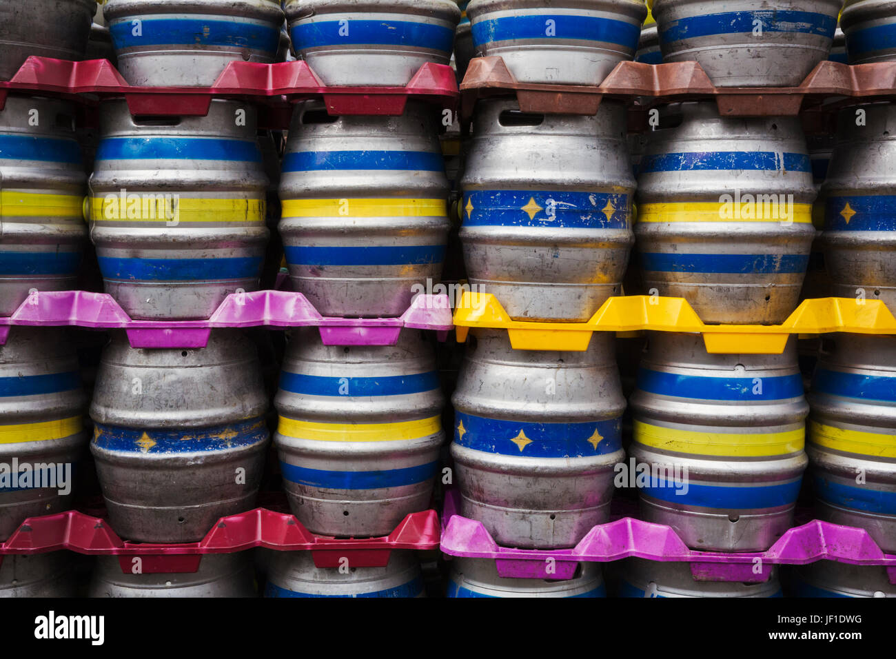 Close up of stacks of metal beer kegs in a brewery Stock Photo - Alamy