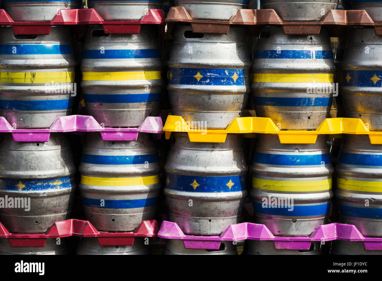 Close up of stacks of metal beer kegs in a brewery Stock Photo - Alamy