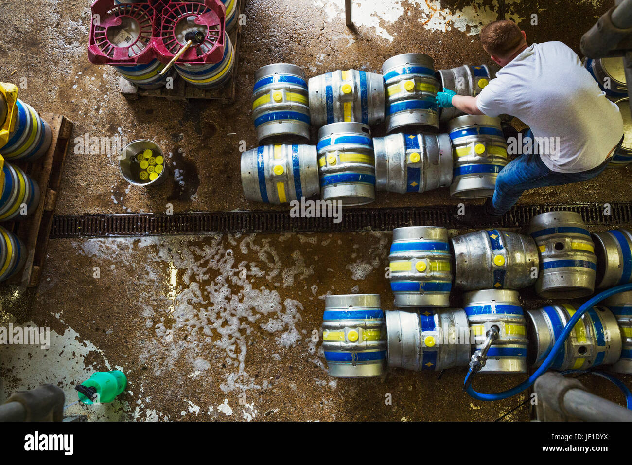 Directly above view of a man working in a brewery, metal beer kegs ...