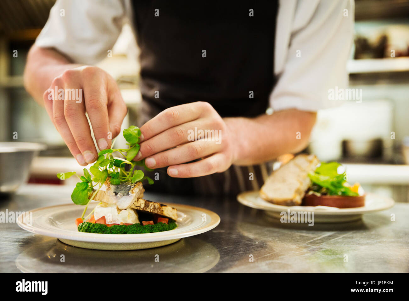 Close up of chef in kitchen adding salad garnish to a plate with ...