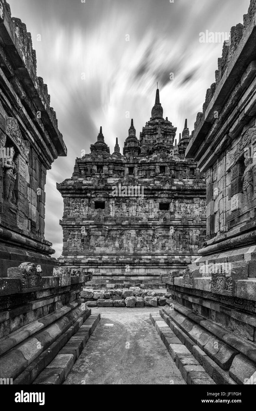 Black and white photo of a partial facade of Plaosan Lor, taken between ...