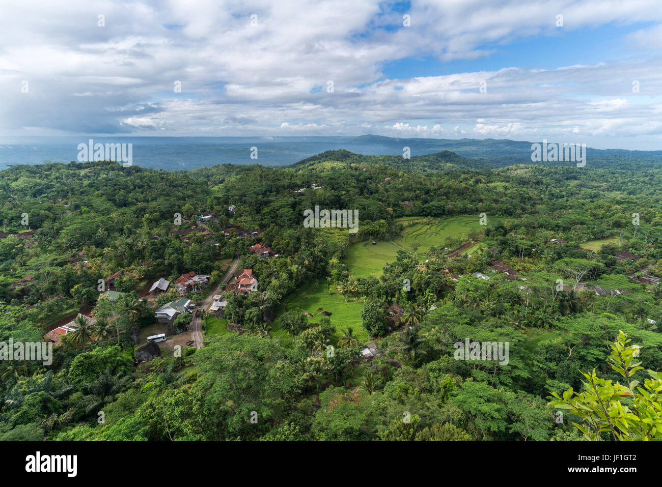 Privileged hilltop view of Indonesian countryside, with small villages ...