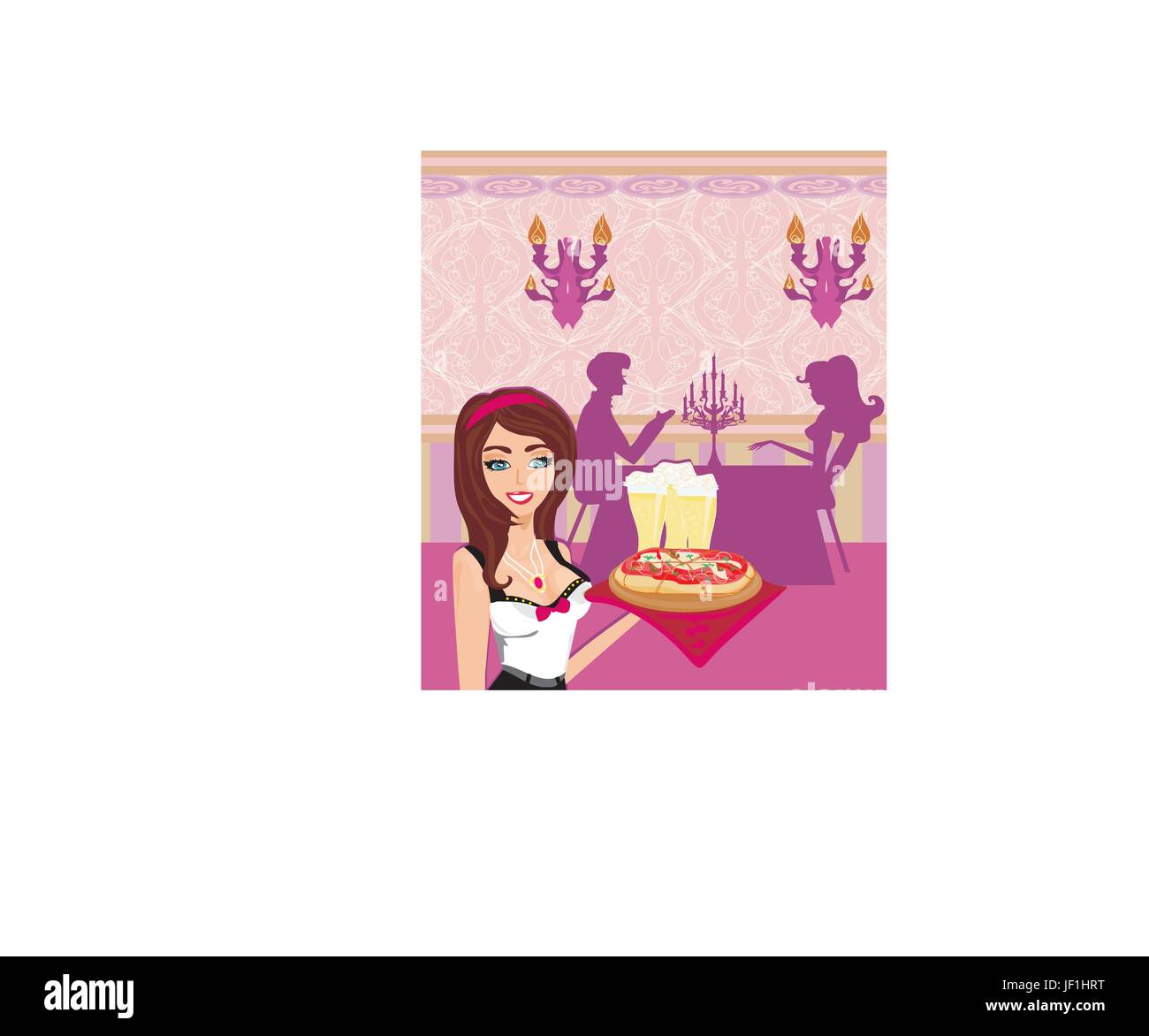 smiling waitress serving pizza and beer Stock Vector Image & Art - Alamy