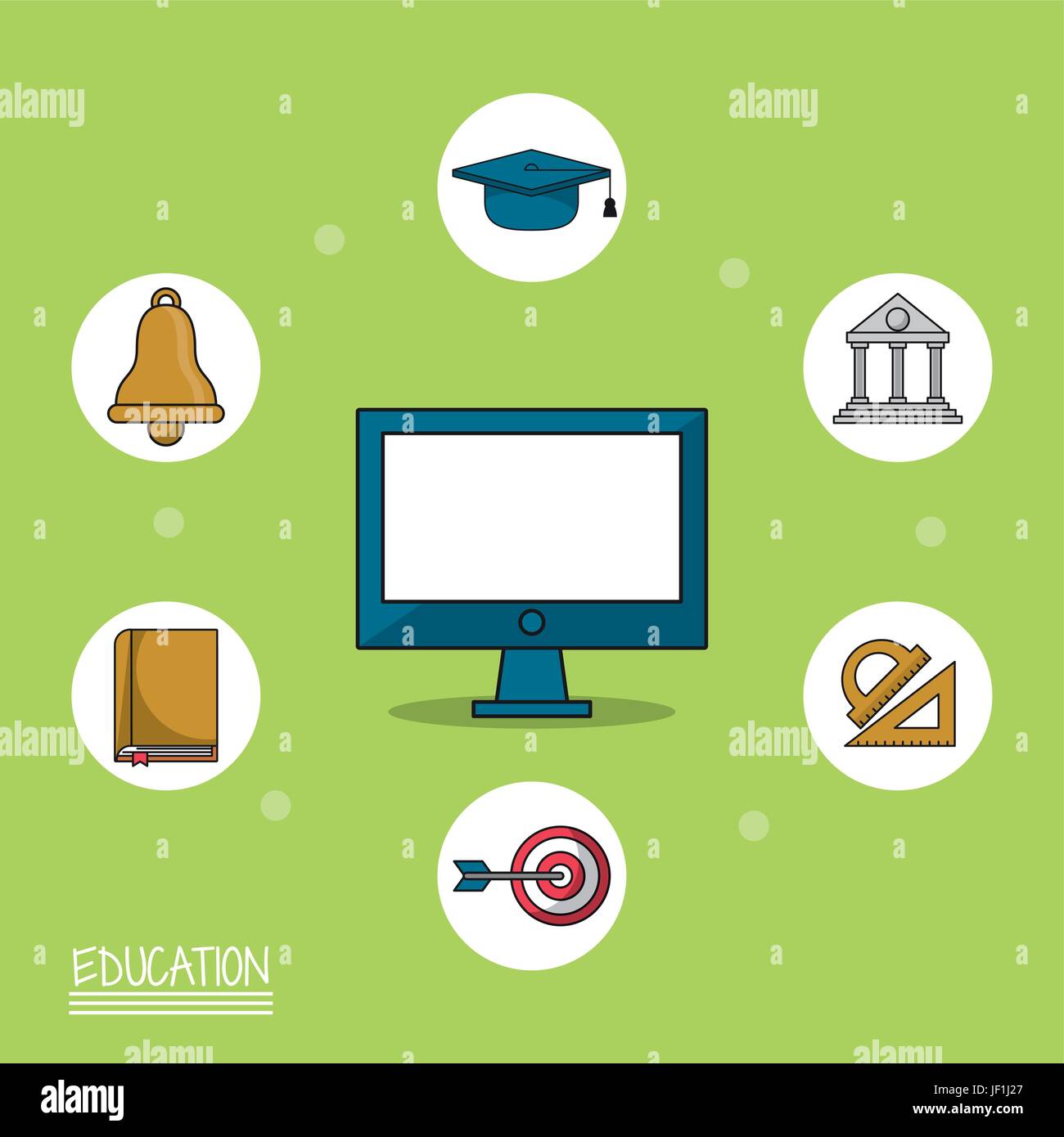 colorful poster of education with computer in closeup and icons of ...