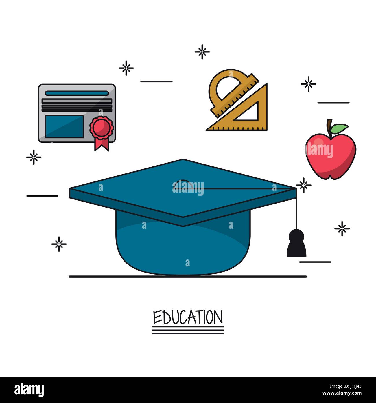 white background poster of education with graduation cap in closeup and ...