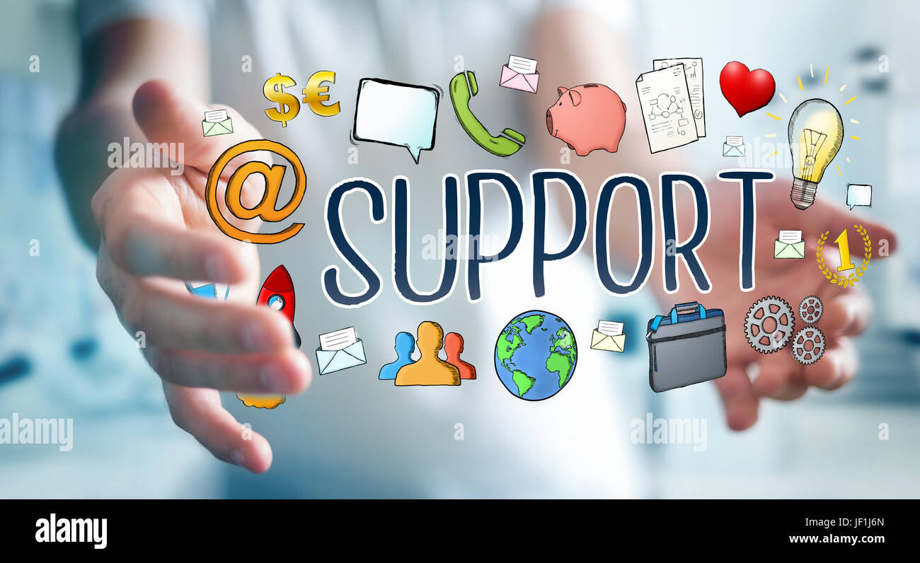 Businessman on blurred background using hand-drawn support text ...