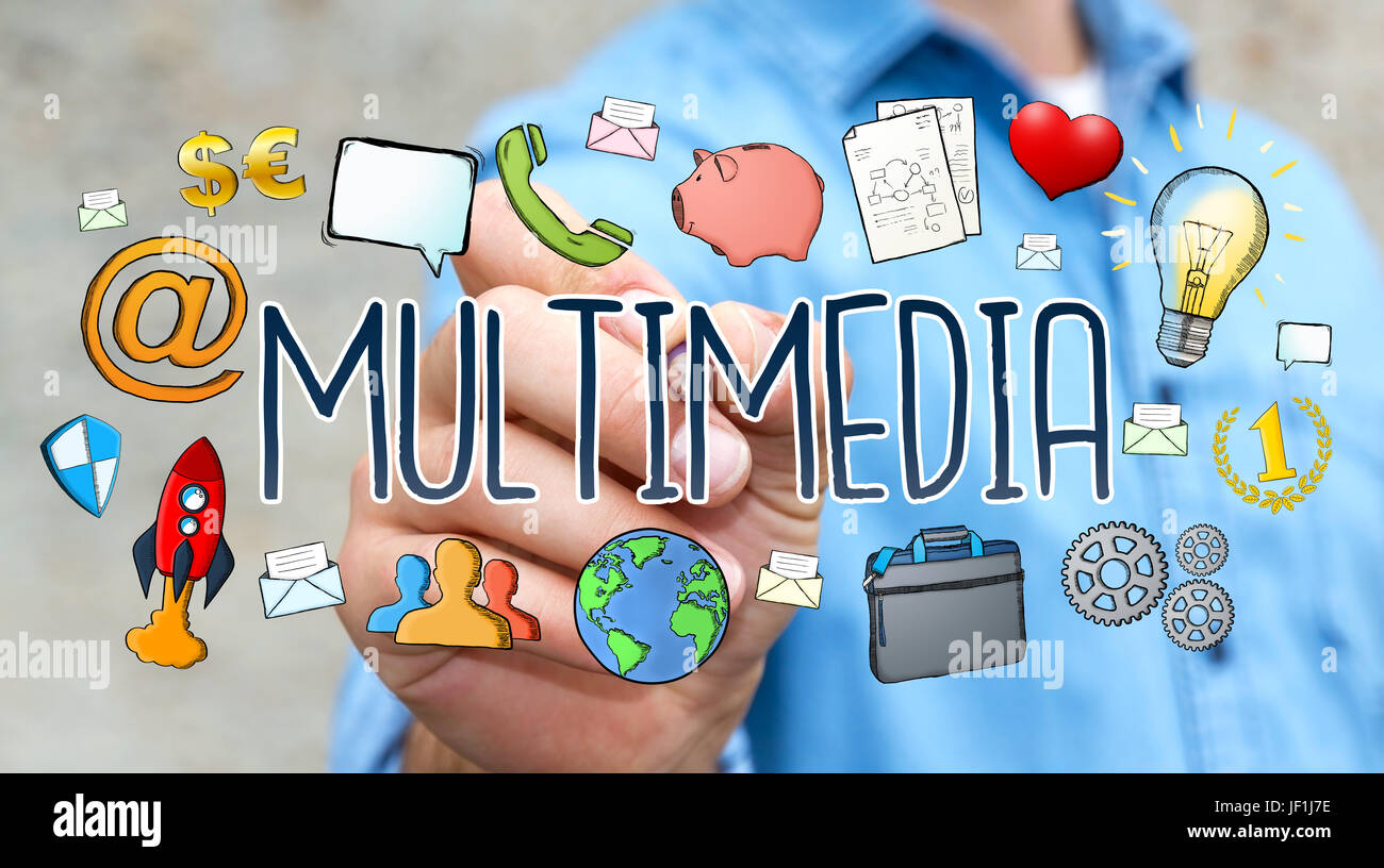 Businessman on blurred background drawing hand-drawn multimedia ...