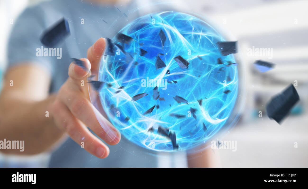 Businessman creating an exploding blue power ball with his hand 3D ...