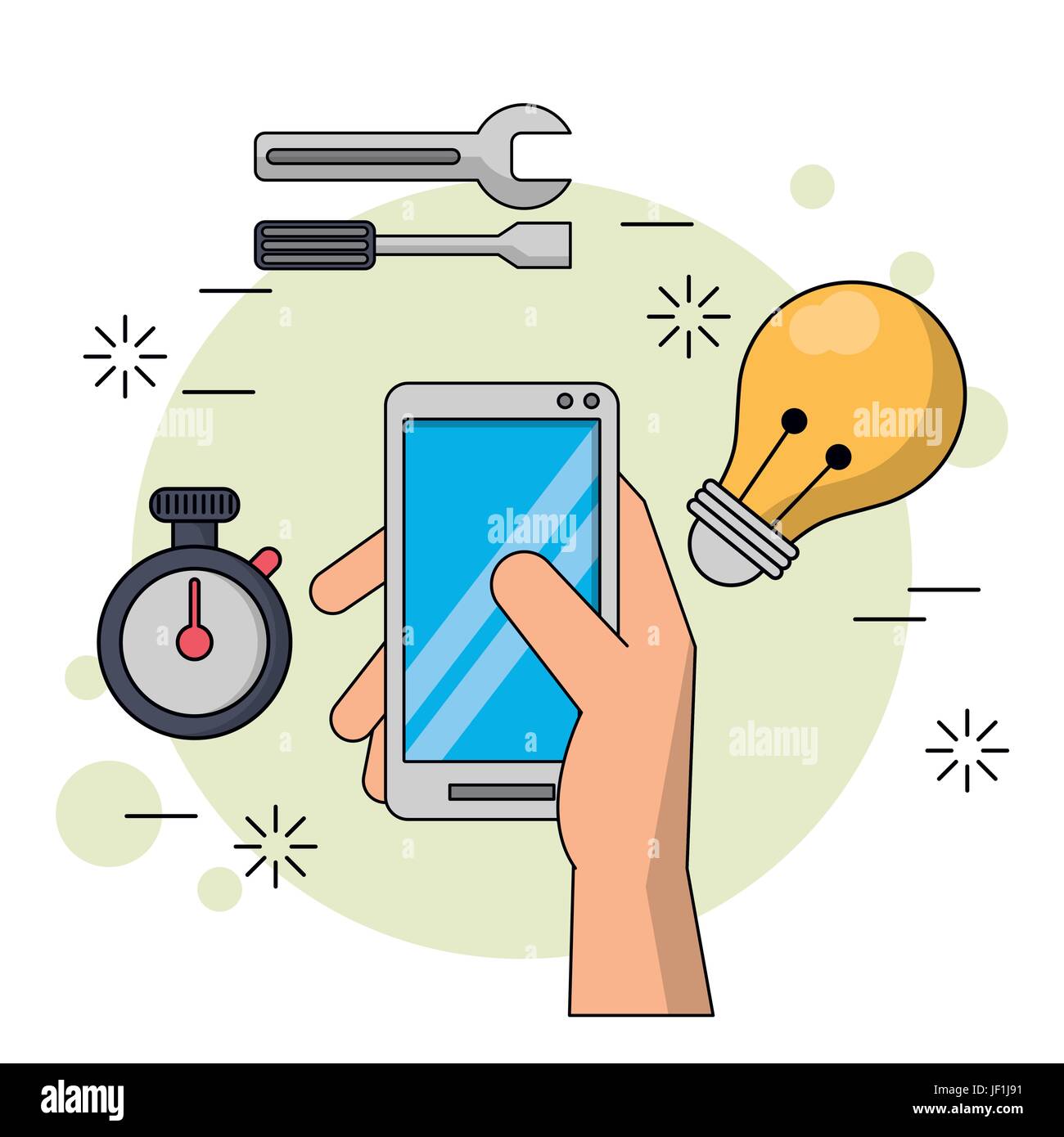 color background with hand holding smartphone and icons of tools and ...