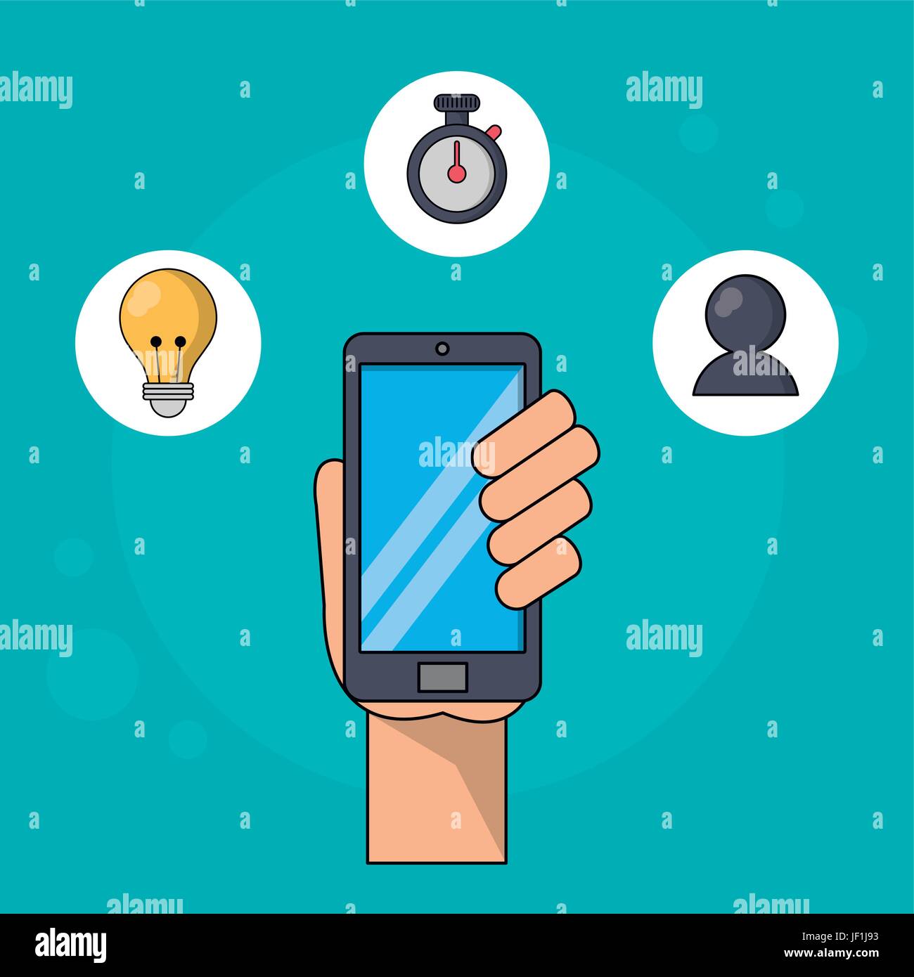 color background with hand holding smartphone in closeup and icons of ...