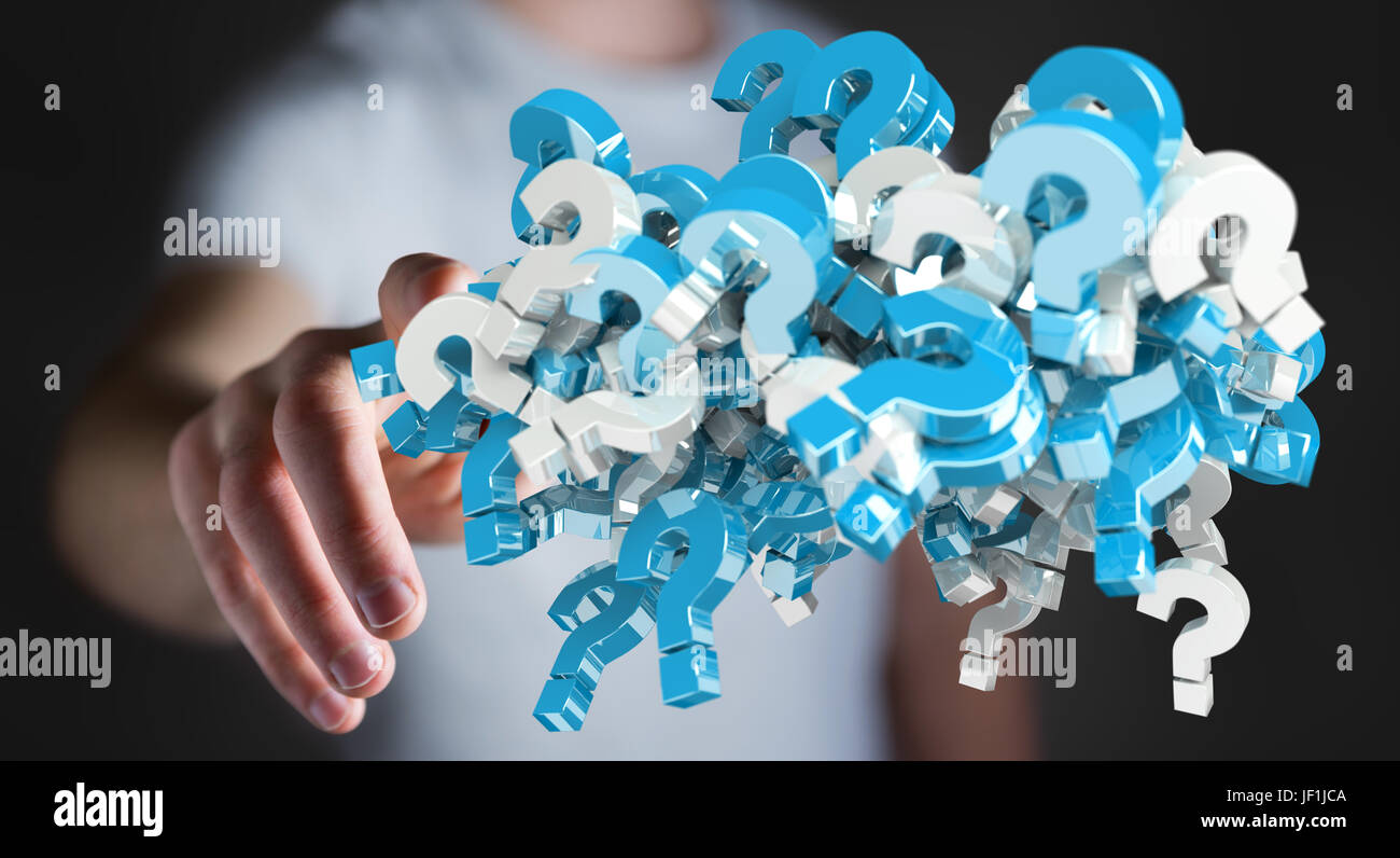 Businessman on blurred background using 3D rendering question marks Stock Photo - Alamy