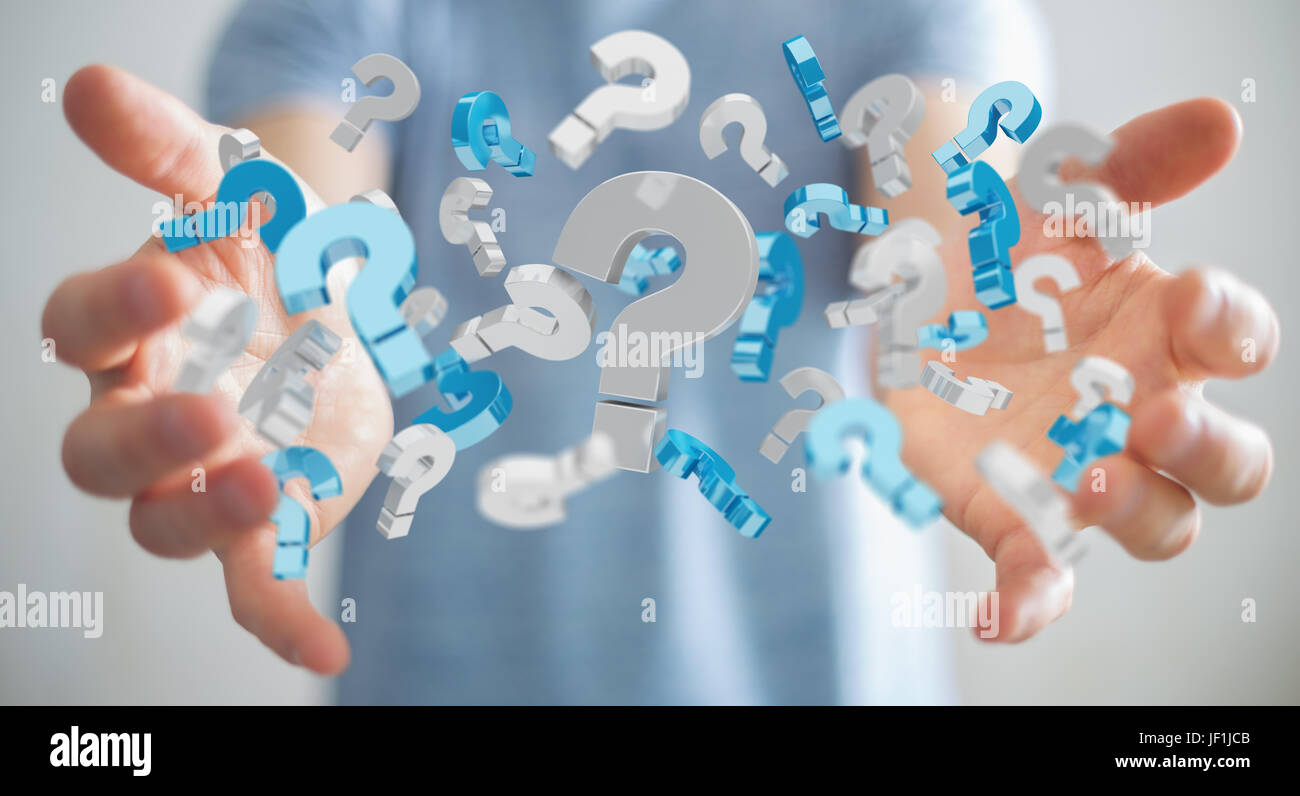 Businessman on blurred background using 3D rendering question marks Stock Photo - Alamy