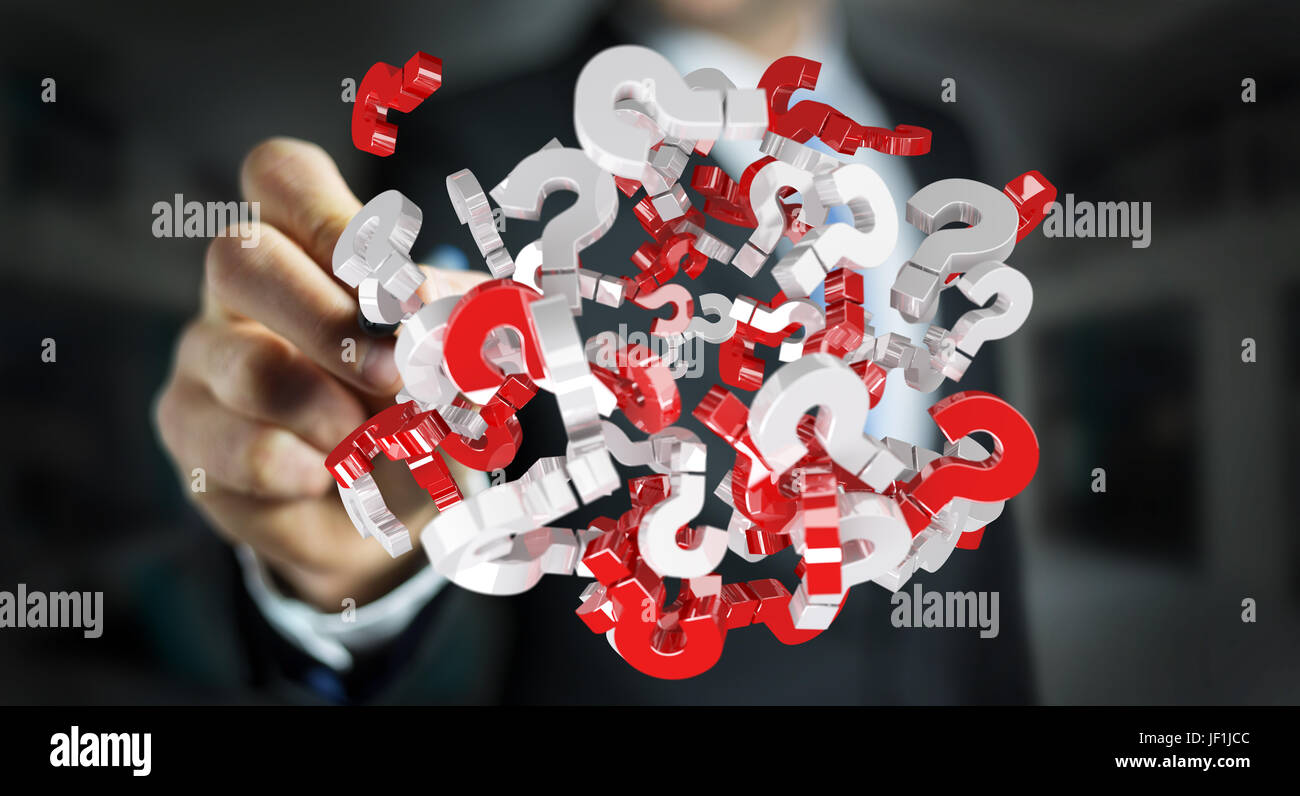 Businessman on blurred background using 3D rendering question marks Stock Photo - Alamy