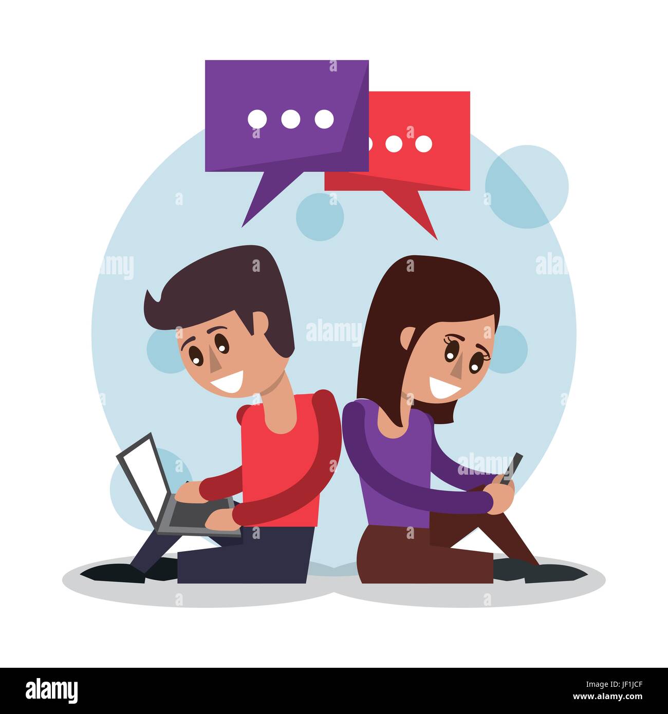 color background of man and woman seated and text chat in smartphones ...