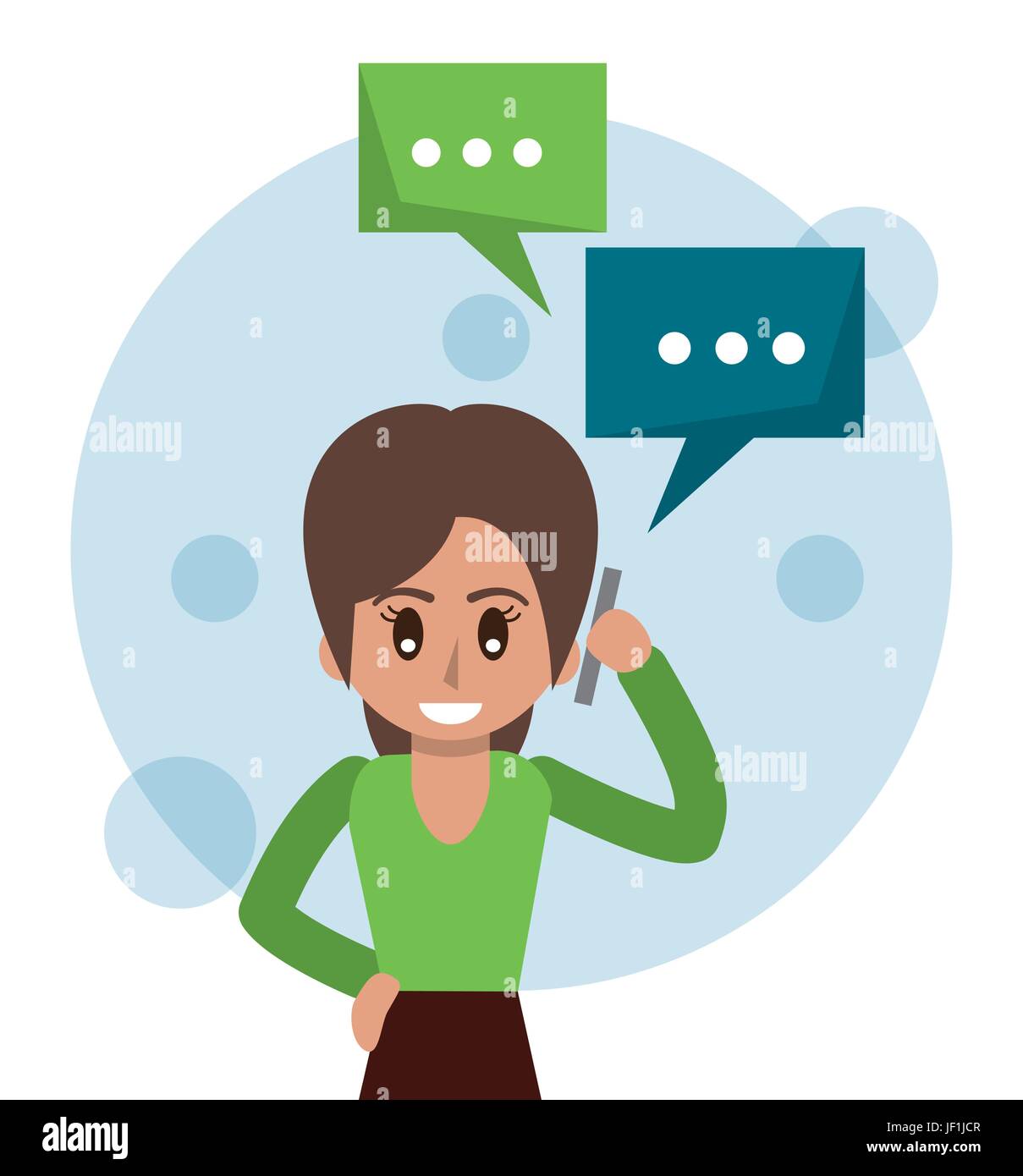 color background of half body woman standing and talking in smartphone ...