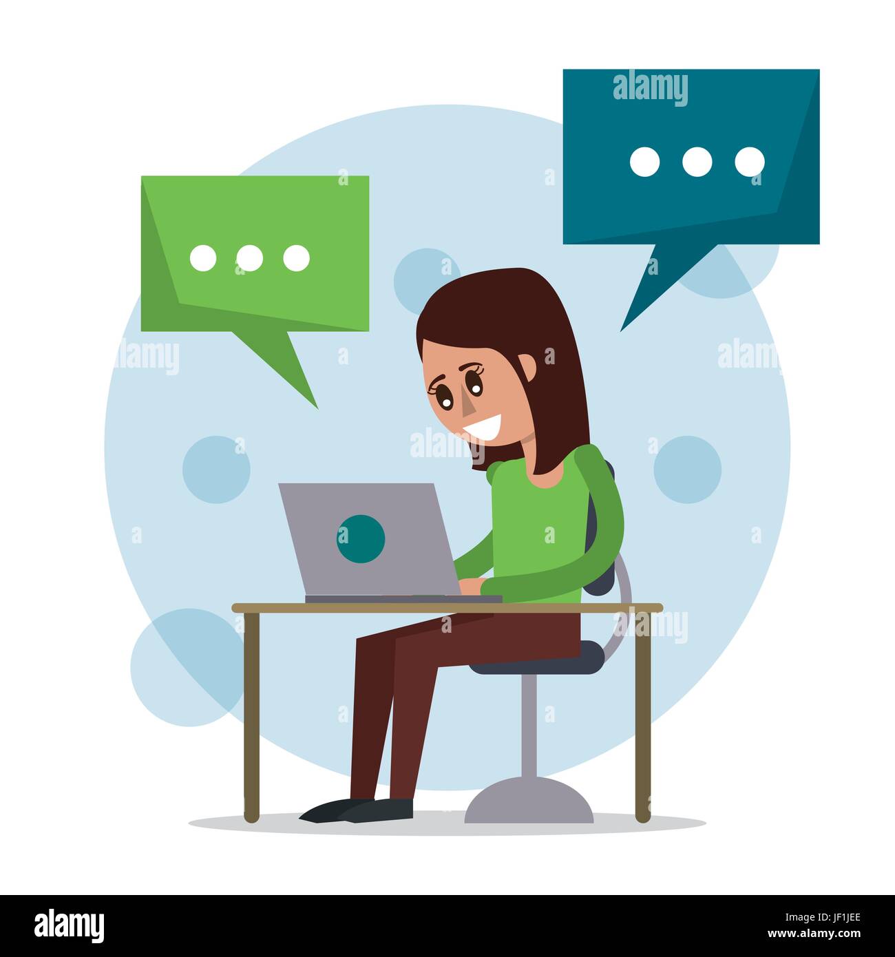 color background of woman in desk with laptop computer and chat ...