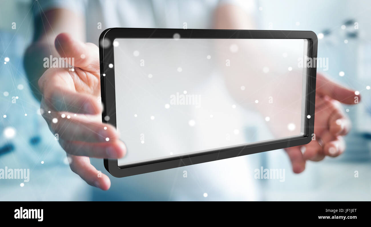 Businessman on blurred background using digital screens tablet 3D ...