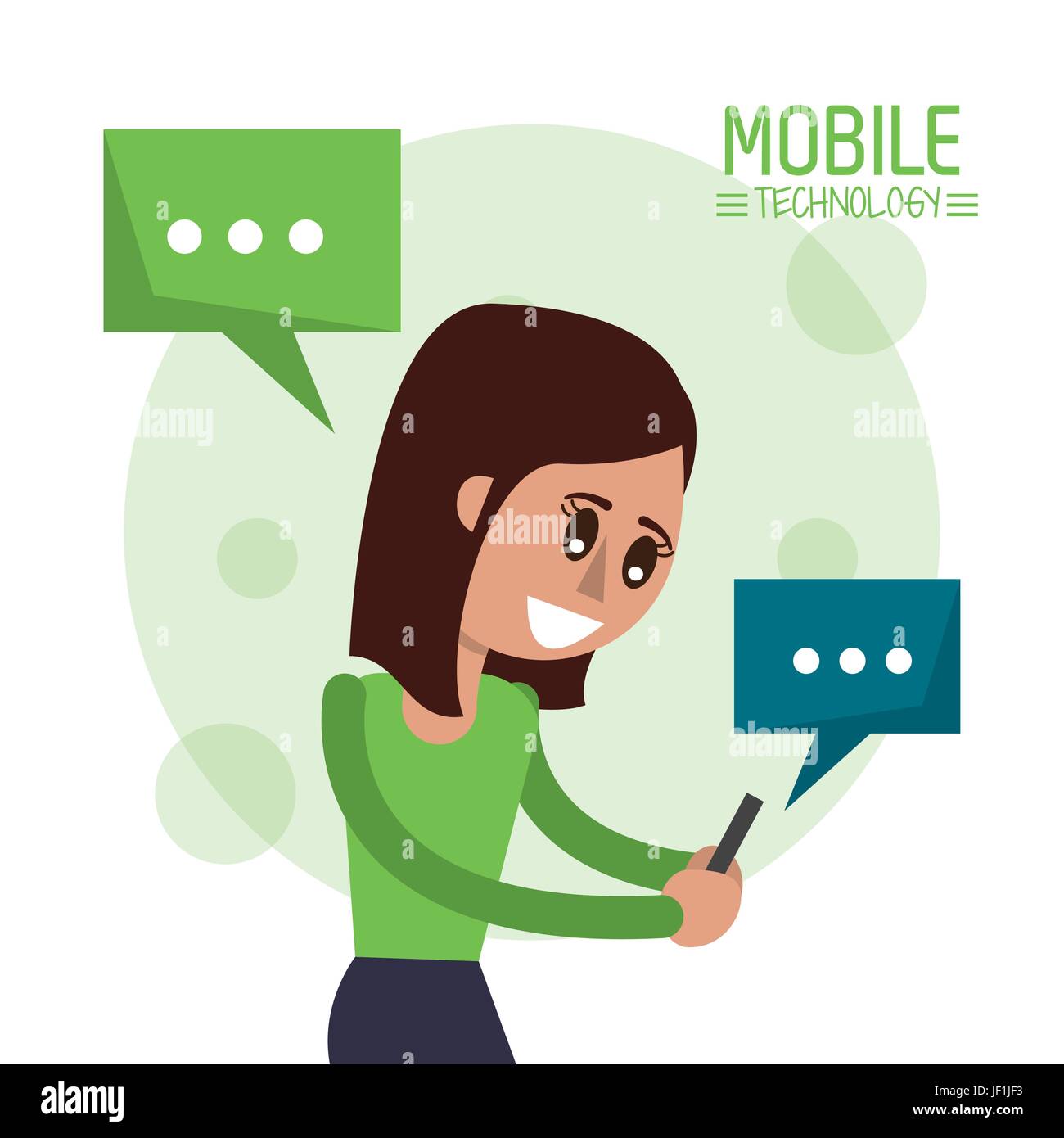 color poster of mobile technology with woman half body standing with ...