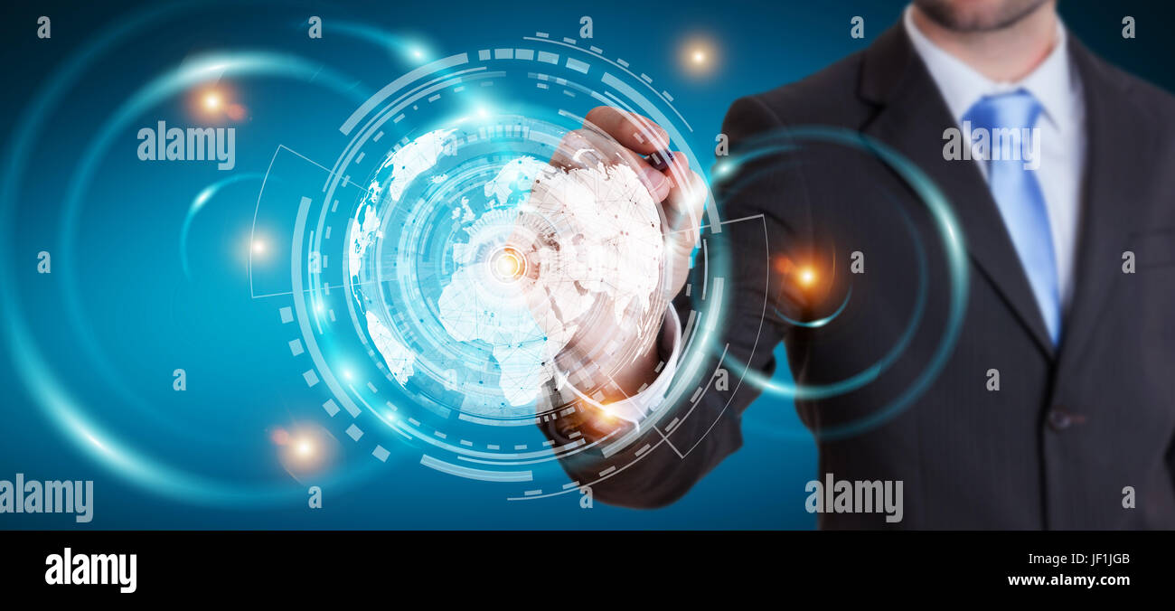 Businessman moving digital datas with a tactile pen on hologram screen ...