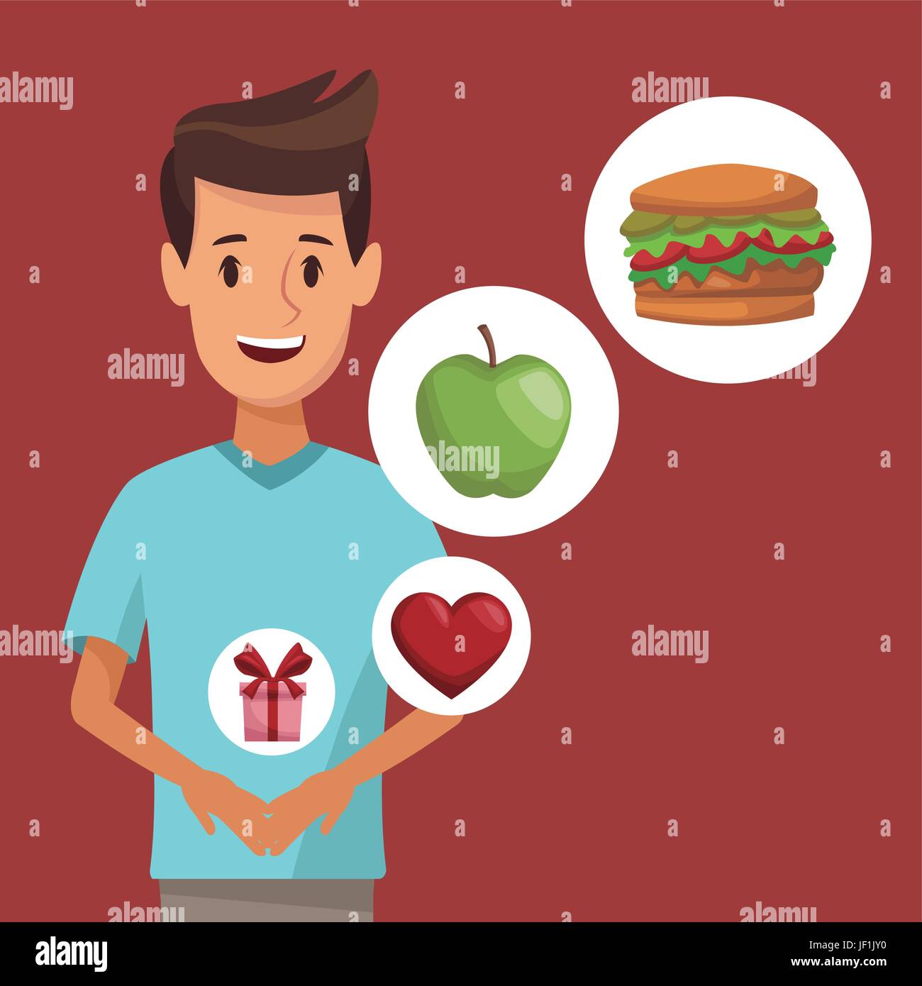 colorful poster half body young man and icon of elements healthy food ...