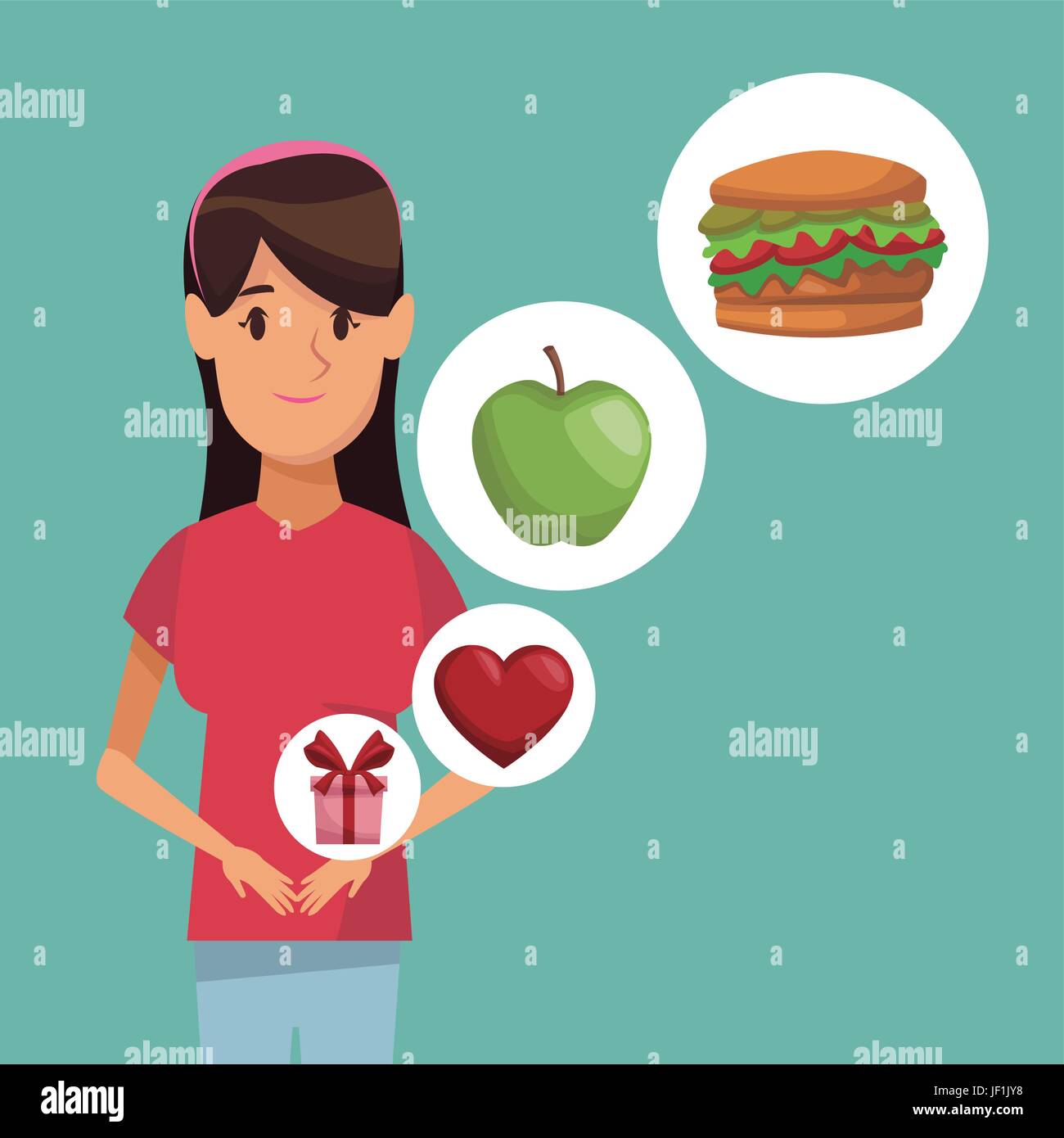 colorful poster half body log hairstyle woman and icon of elements ...