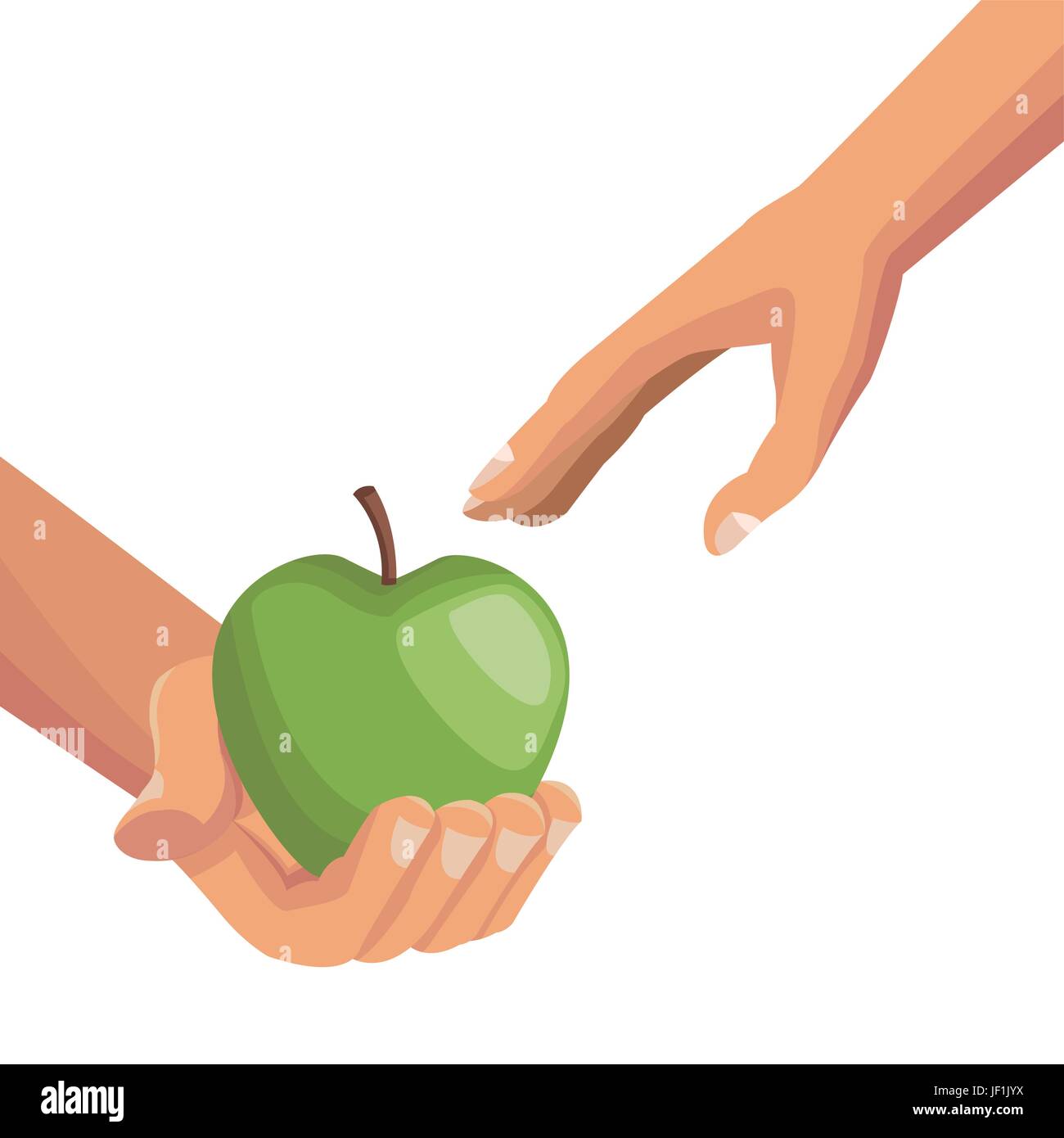 white background with colorful hands giving a apple fruit to other palm ...
