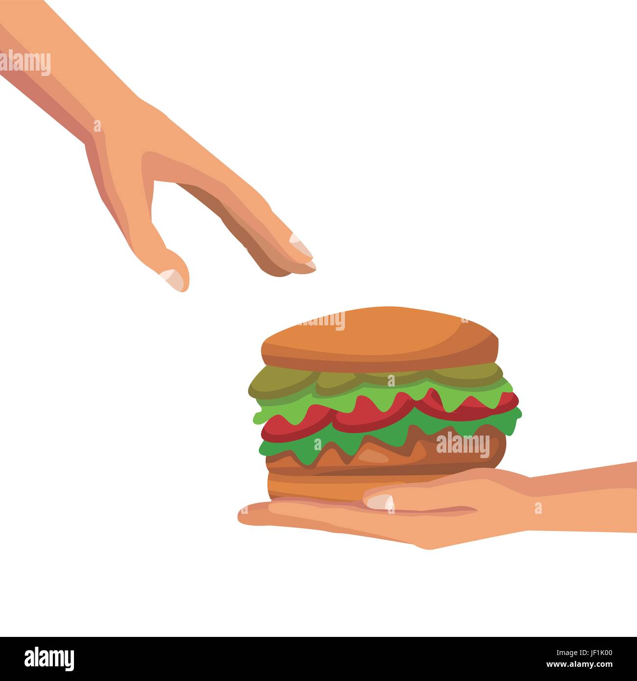 white background with colorful hands giving a hamburger fast food to ...