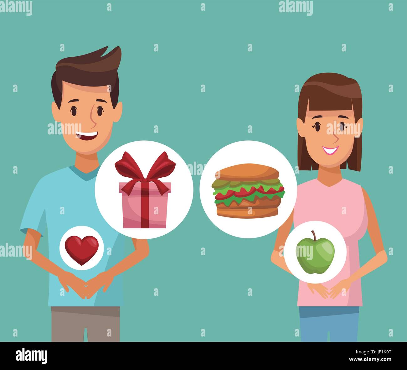 Colorful Poster Half Body Couple Man And Woman And Icon Of Elements Healthy Food Ts Stock