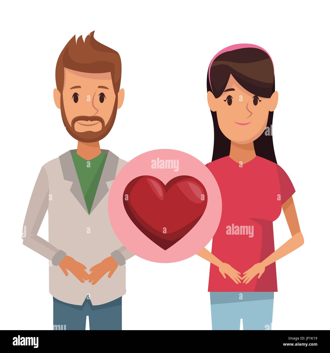 colorful poster half body couple bearded man and woman with icon of ...