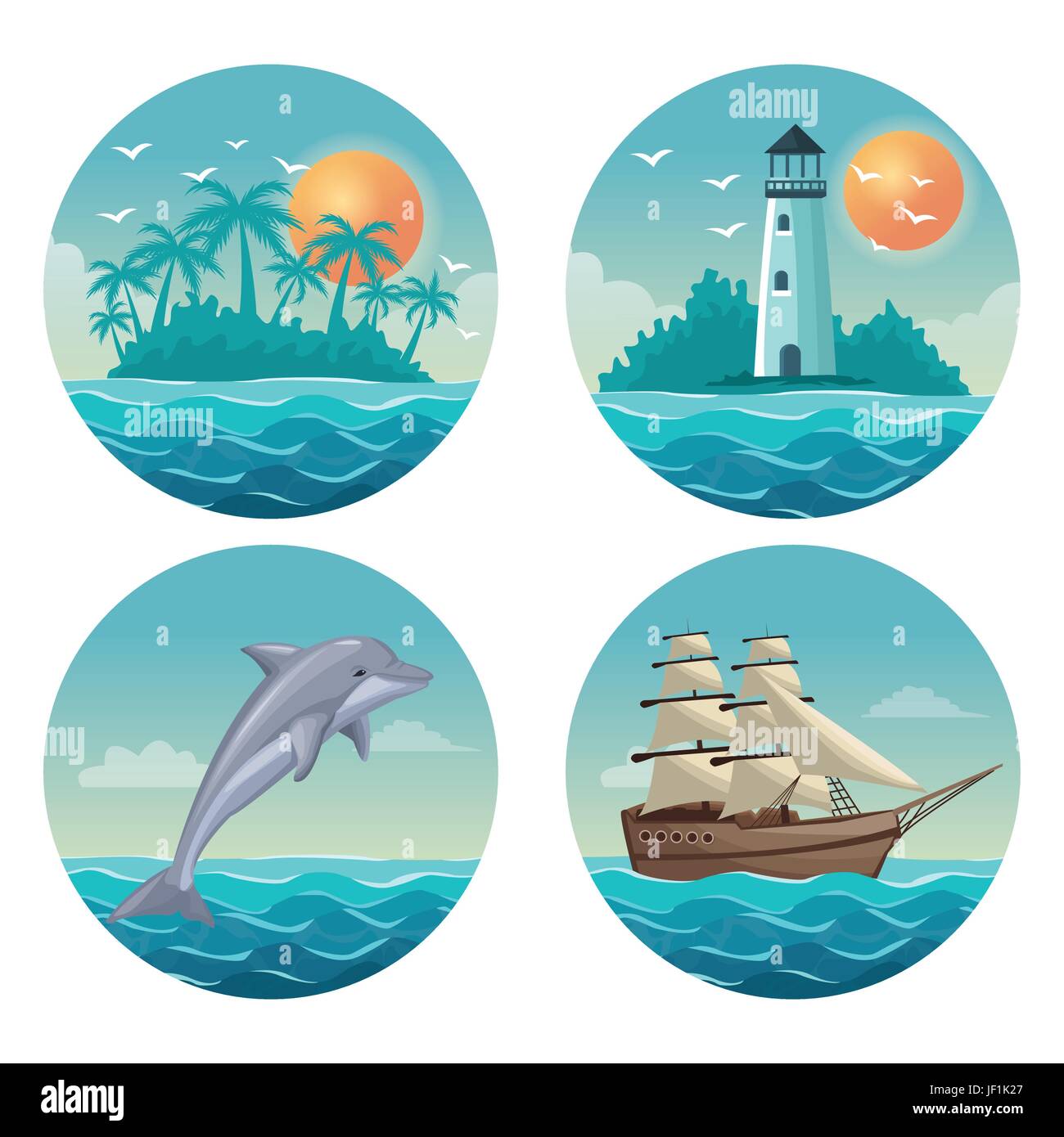 white background with colorful circular frames of set summer time ocean ...