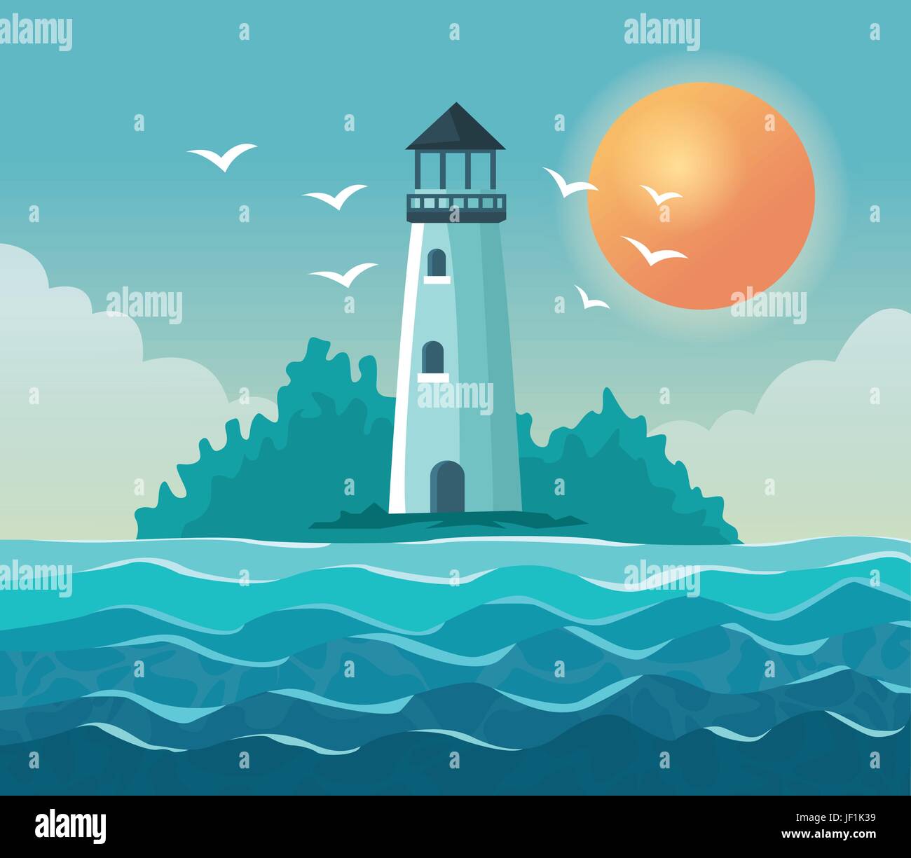 colorful poster seaside with lighthouse in coast with sun in the sky ...