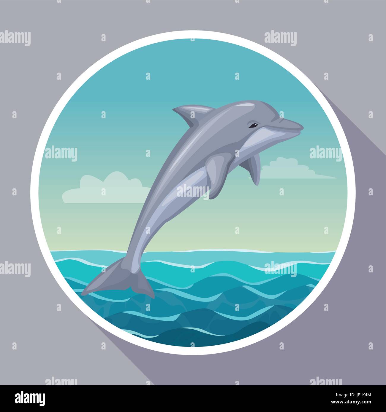 colorful poster with circular frame of seaside with dolphin mammal in ...