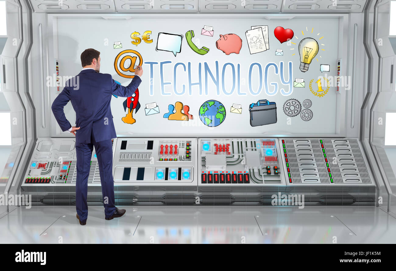 Businessman in modern interior drawing technology sketch on a board 3D ...