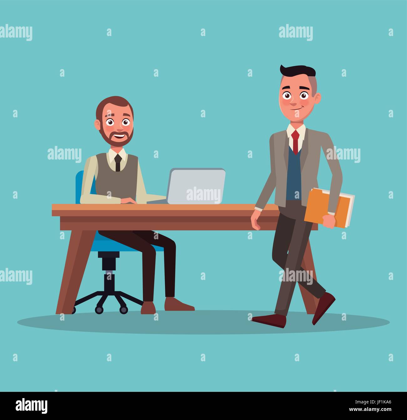 color background full body set of executive men in workplace and desk ...