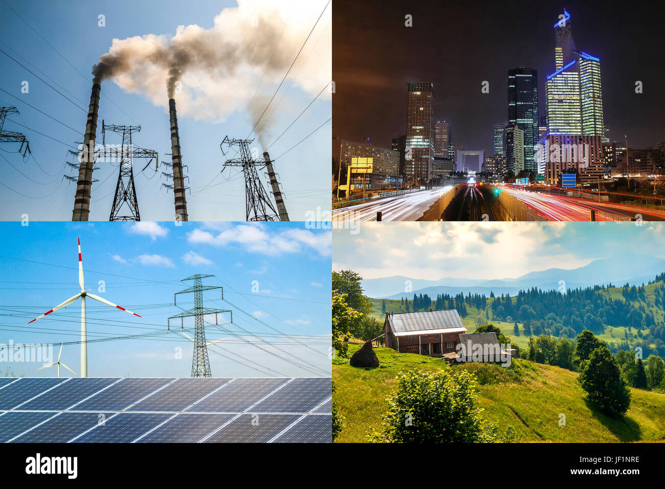 Clean vs dirty energy. Solar panels and wind turbines against fuel coal ...