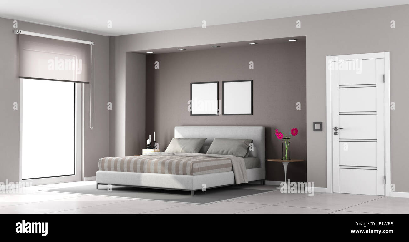 Minimalist master bedroom with double bed,closed door and window - 3d ...