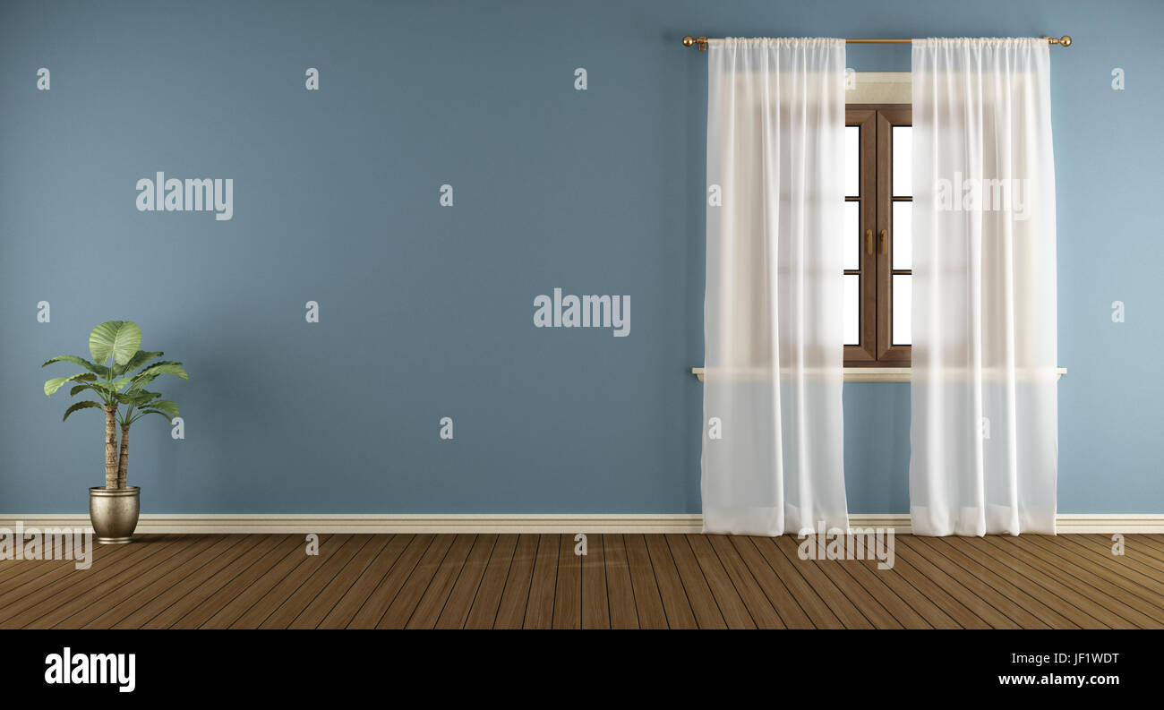 Blue room with wooden windows and white curtain - 3d rendering Stock ...