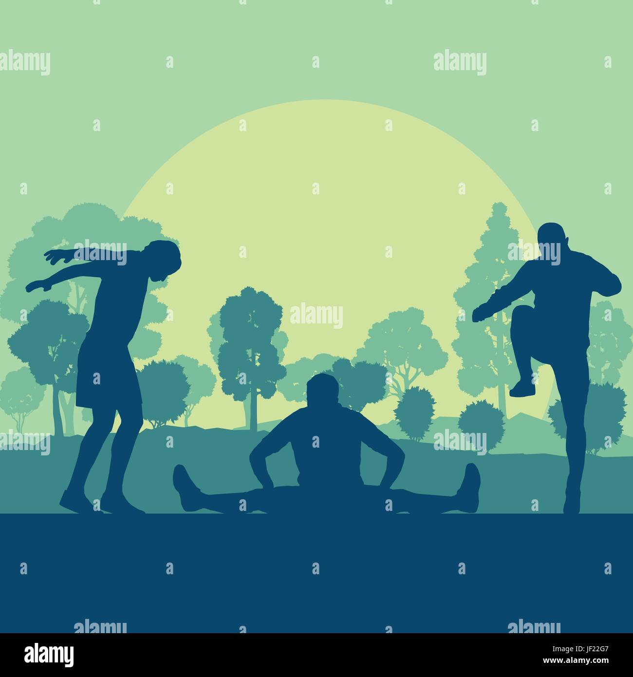 Warm up exercise man in park vector background landscape with trees ...