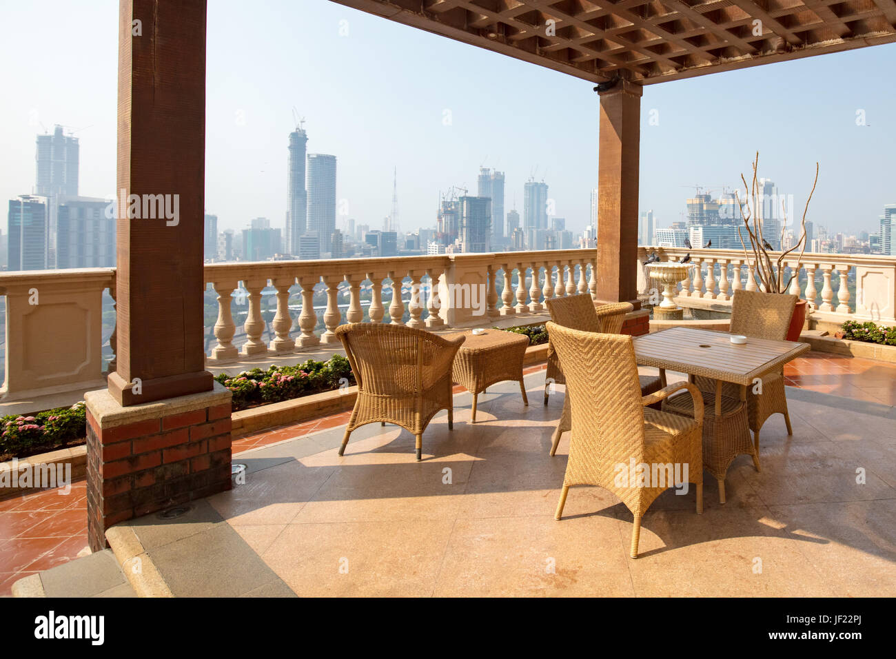 A courtyard high up in Mumbai overlooking the district of Railway Chawl ...