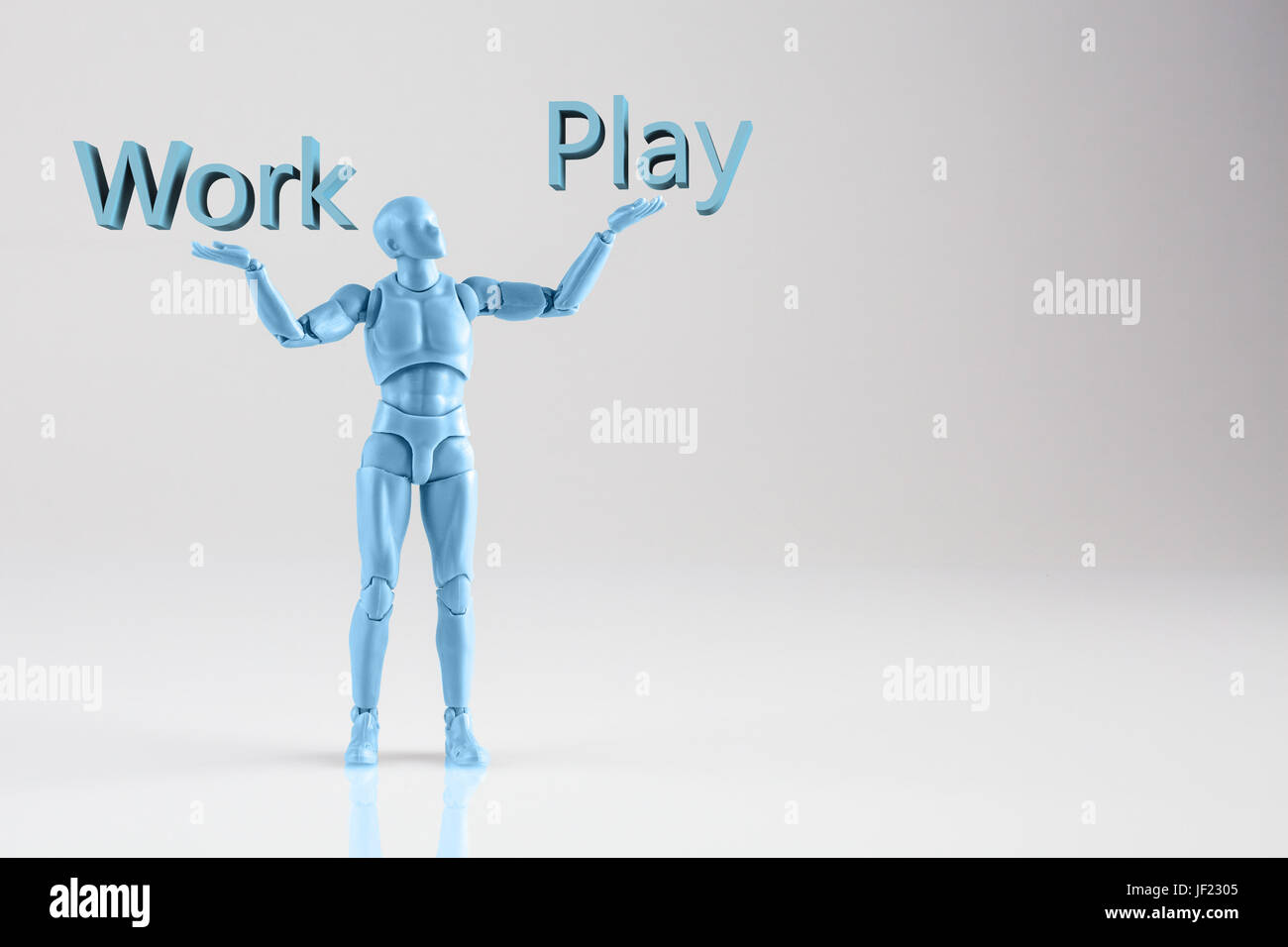 Blue male figurine standing on white background with words Work and ...