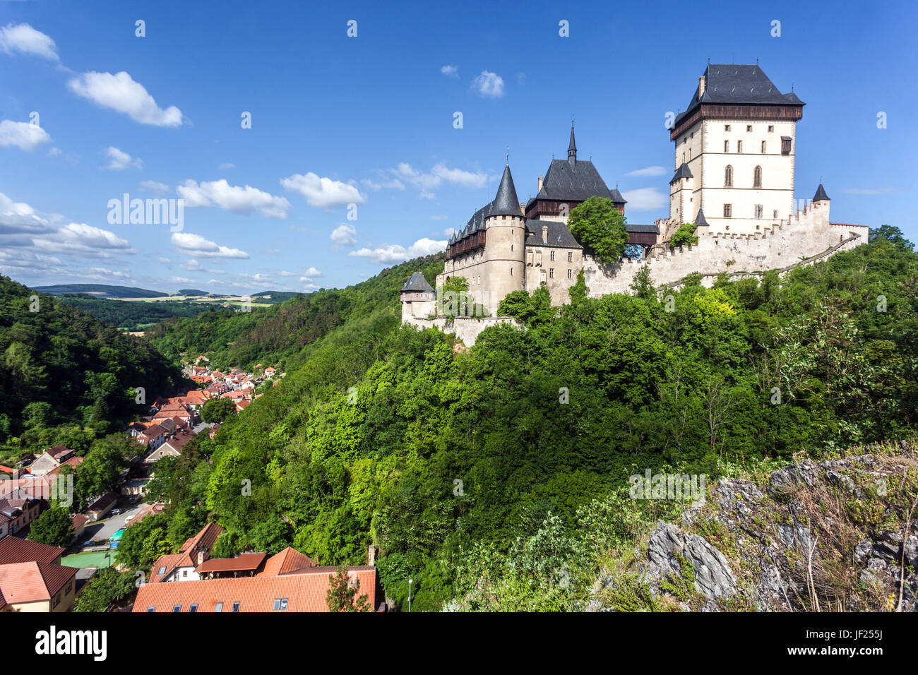 Czech landscape and the village below the Karlstejn Castle, Czech ...